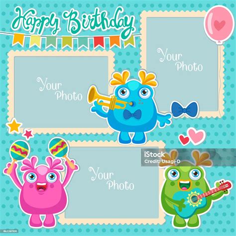 귀여운 몬스터와 생일 벡터 포토 프레임 아기 가족 이나 기억에 대 한 장식 템플릿입니다 스크랩북 벡터입니다 몬스터에 대한 스톡 벡터 아트 및 기타 이미지 Istock