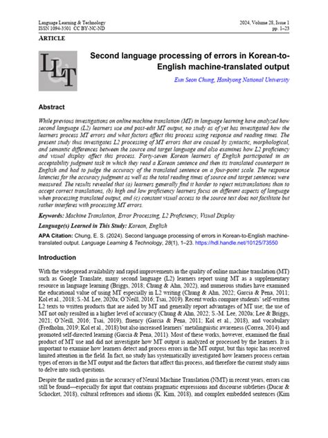 Chung 2024 Second Language Processing Of Errors In Korean Pdf Second Language Translations