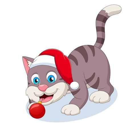 Premium Vector Cute Cat Cartoon Is Playing Red Christmas Ball Vector