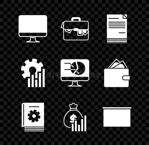 Set Computer Monitor Screen Briefcase And Money Document User Manual Money Bag Diagram Graph