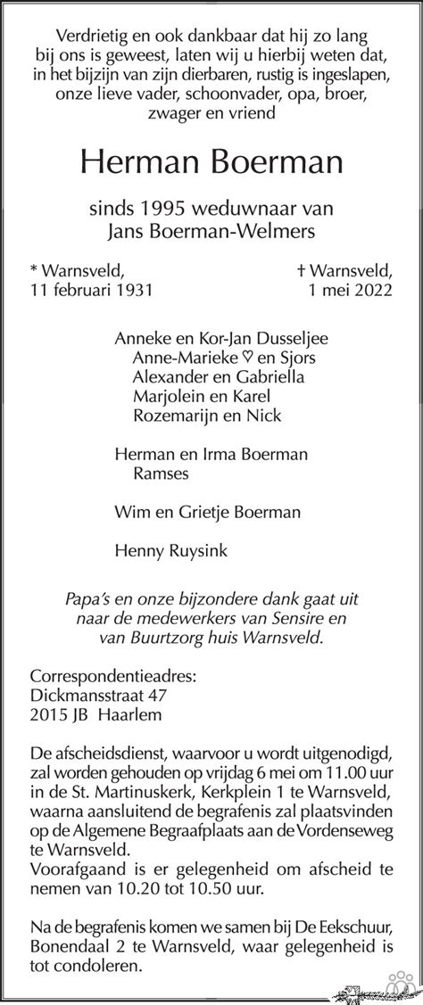Herman Boerman 1 Mei 2022 • Overlijdensbericht En Condoleances Mensenlinq