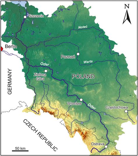 Schematic Map Showing The Oder River Watershed Area With Topographic