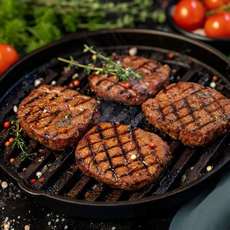 Grill Perfection Beef Meat Ingredients Sizzle On The Hot Grill Stock