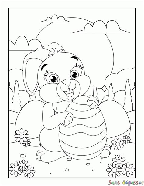 Coloriage Lapin de Pâques avec son oeuf Sans Dépasser