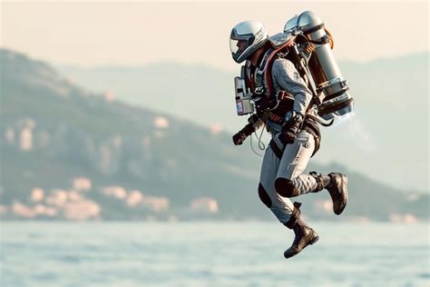 Premium Ai Image Man Fly With Jetpack Portable Device With Jet