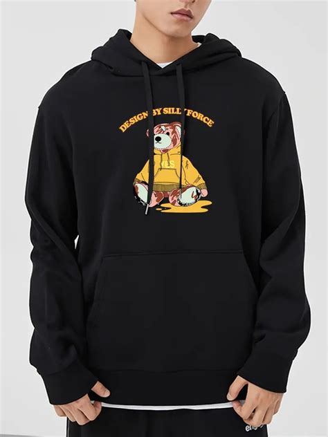Mens Cartoon Letter Bear Print Pattern Drawstring Hoodie Temu New