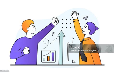 젊은 남성과 여성 캐릭터는 흰색 배경에 성장 바 그래프의 상단에 공중에 손을 잡고있다 개선에 대한 스톡 벡터 아트 및 기타