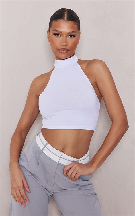 White Cotton High Neck Halter Crop Top Tops Prettylittlething Aus