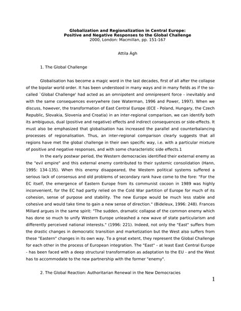 Pdf Globalization And Regionalization In Central Europe Positive And Negative Responses To