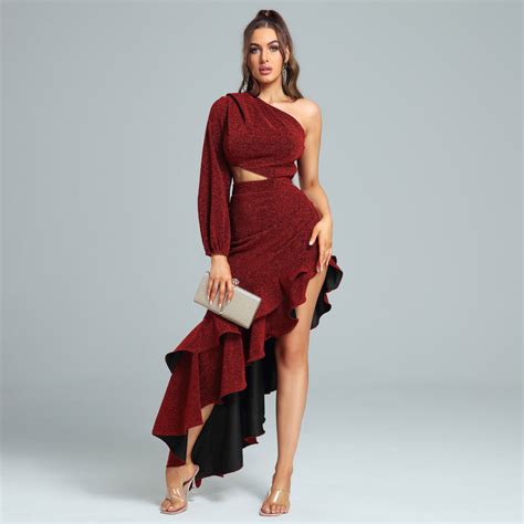 Red One Shoulder Exposed Waist Bodycon Dress Wolddress