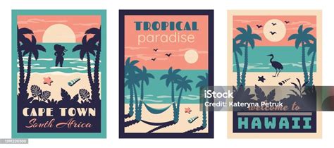 여름 해변 빈티지 카드 세트 여름 배경 아름다운 소녀 야자수 잎 플라밍고 해먹 불가사리 조개류의 실루엣이있는 열대 바다 풍경 여행을위한 벡터 평면 일러스트 레이 션 휴가