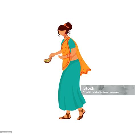 전통적인 드레스 플랫 컬러 벡터 얼굴없는 캐릭터에 인도 여성 사리를 입은 여자 웹 그래픽 디자인과 애니메이션을 위한 코코아 콩