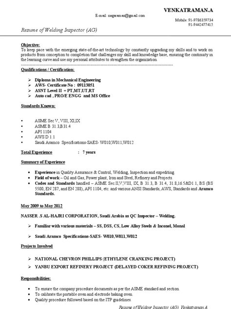 Cv Of Welding Inspector Pdf Nondestructive Testing Welding