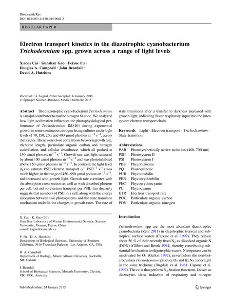 Pdf Electron Transport Kinetics In The Diazotrophic Cyanobacterium