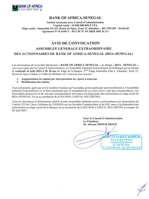 Boa Sn Avis De Convocation Assemblée Générale Extraordinaire 2024 Pdf