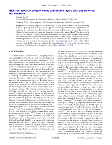 Pdf Electron Acoustic Solitary Waves And Double Layers With Superthermal Hot Electrons