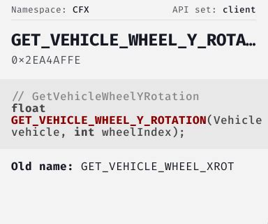 GetVehicleWheelYRotation FiveM Natives Cfx Re Docs