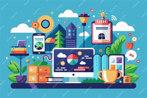 A Vibrant Workspace Illustration Showcases Modern Technology Plants And Colorful Data