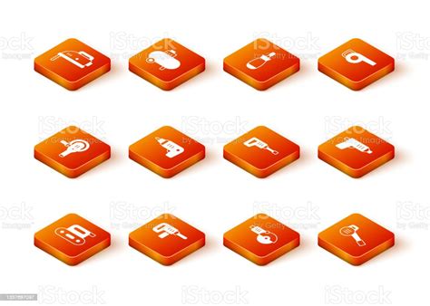 설정 전기 플래너 도구 드릴 머신 앵글 그라인더 무선 드라이버 로터리 해머 잎 정원 송풍기와 아이콘 벡터 3차원 형태에 대한