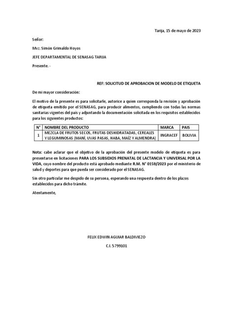 Carta De Solicitud De Aprobacion De Modelo De Etiqueta Pdf