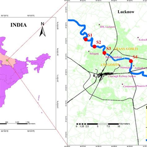 Geospatial Map Showing Five Sampling Locations At Gomti River Expanse