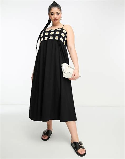 Asos Design Curve Midi Jurk Met Bandjes En Gehaakte Madeliefjes In