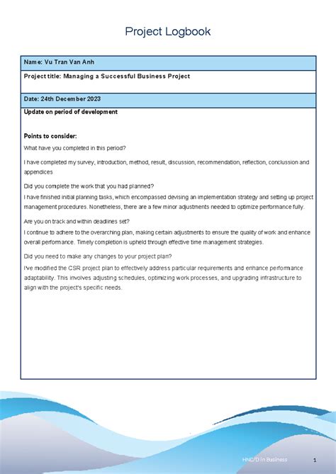 Project Logbook Template Hncd In Business 1 Project Logbook Name Vu