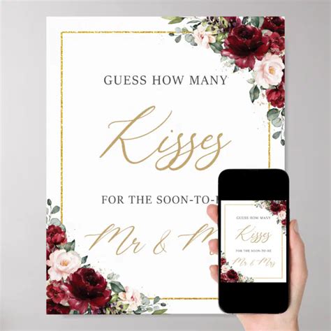 Burgundy Blush Pink Floral Guess How Many Kisses Poster Zazzle