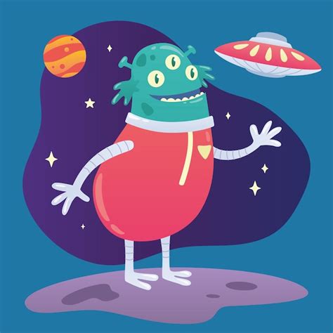 Mignon Personnage Extraterrestre Heureux Agitant Sa Main Vecteur Premium