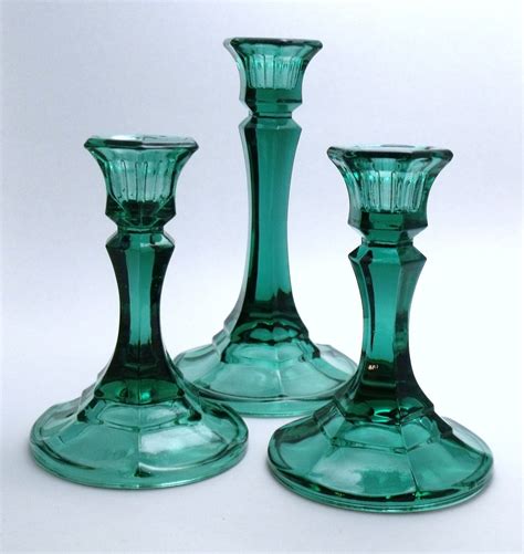 Vintage Glass Candle Holders Candlesticks Green Glass Set Of