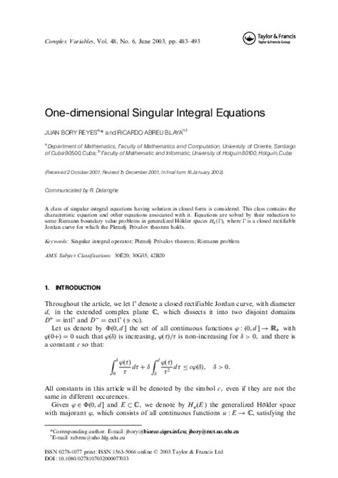 Pdf One Dimensional Singular Integral Equations
