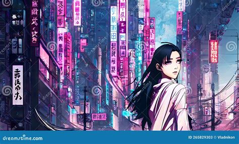 Girl On The Street In Tokyocyberpunk Steampunk Drawing Stock