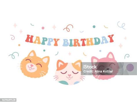 귀여운 화려한 고양이와 생일 축하 인사말 카드입니다 파티 축하 색종이 플랫 스타일의 벡터 그림 생일 카드에 대한 스톡 벡터 아트