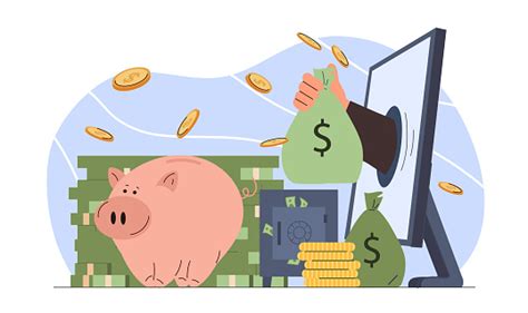 돈 절약 개념 돼지 저금통 근처의 지폐와 금화 금융 문맹 퇴치와 수동 소득 부를 가진 거래자이자 투자자 평면 벡터 일러스트 레이 션 Brand Name Smart Phone