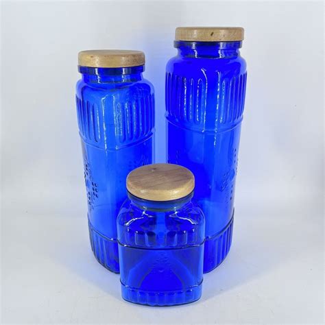 Vintage Canister Set Cobalt Blue Glass Wood Lidded Storage Etsy