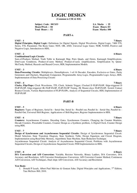 Vtu 3rd Sem Cse Logic Design Notes 10cs33 Study Notes Digital Logic
