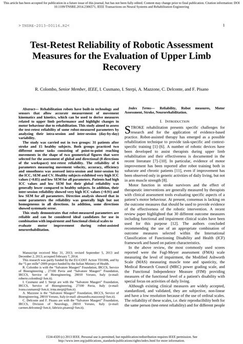 Pdf Test Retest Reliability Of Robotic Assessment Measures For The