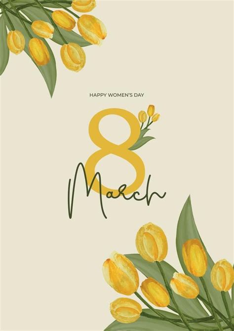 March 8 Postcard With Yellow Watercolor Tulips