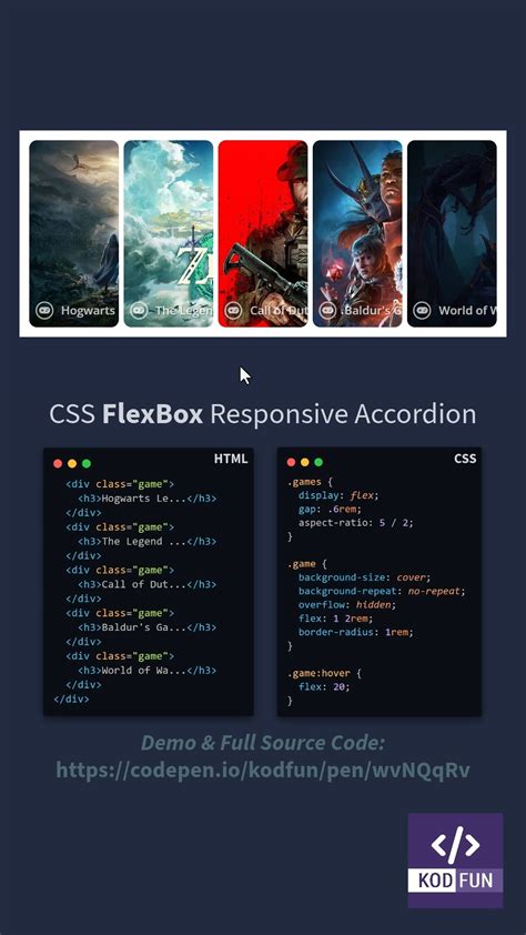KodFun | Responsive Accordion using CSS FlexBox Demo and full source code is on the codepen link ...