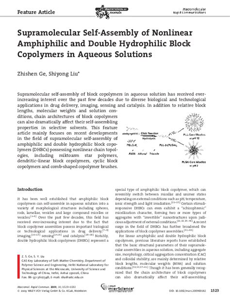 Pdf Supramolecular Self Assembly Of Nonlinear Amphiphilic And Double Hydrophilic Block