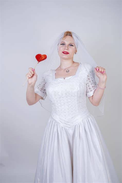Pretty Curvy Adult Woman With Short Hair Wearing Long Vintage Wedding