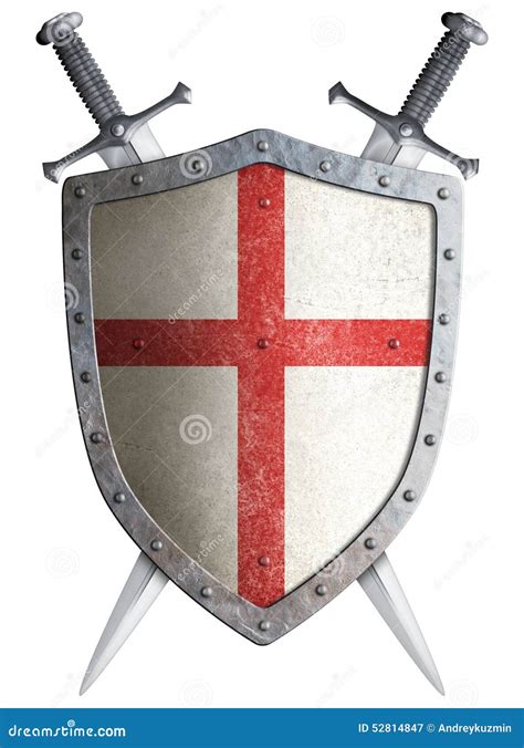 Medieval Crusader`s Metal Shield With White Cross Isolated 3d