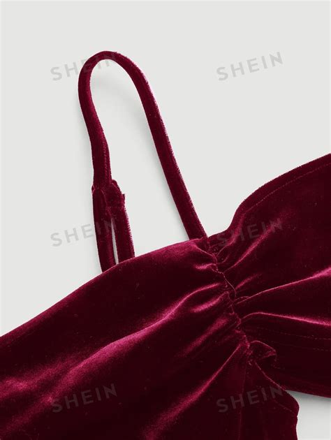 SHEIN MOD Cold Shoulder Ruched Velvet Red Dress With Swung Collar Short
