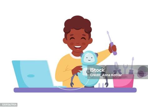 로봇을 만드는 작은 흑인 소년 아이들을위한 로봇 공학 프로그래밍 및 엔지니어링 벡터 일러스트레이션 공학에 대한 스톡 벡터 아트