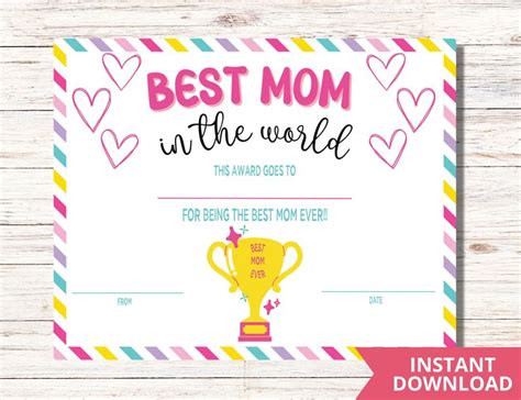 Printable Best Mom Award Mothers Day Printable Pdf Mothers Day
