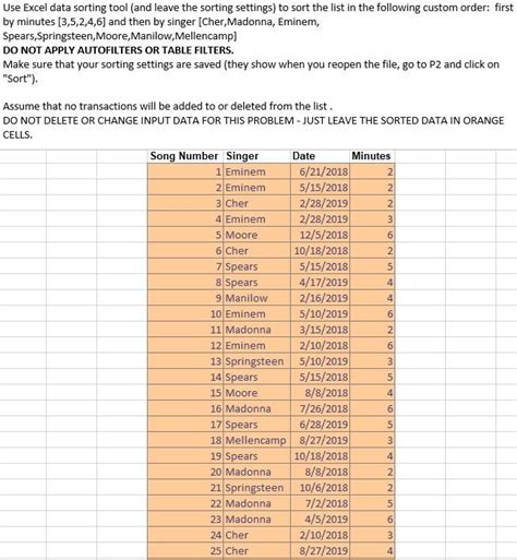 Solved Use Excel Data Sorting Tool And Leave The Sorting Chegg