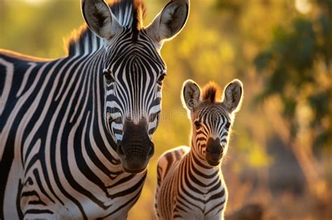 Zebra Mother And Zebra Foal In Grassland Savanna Close Up Shot