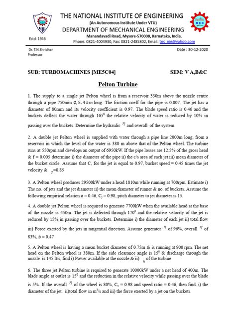 Hyd Turbine Problems Pdf Turbine Gas Technologies