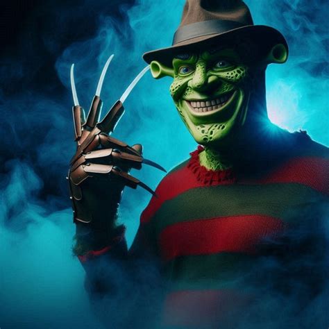 Шрек в образе Фредди Крюгера Мистика триллер Атмосфера ужаса Сгенерировано нейросетью