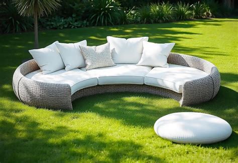 3d Rendering Round Outdoor Sofa In The Grass Field Premium Ai